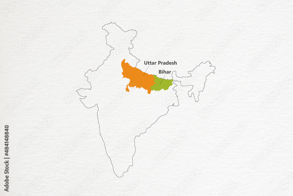 Uttar Pradesh and Bihar state highlighted on Indian map on textured ...