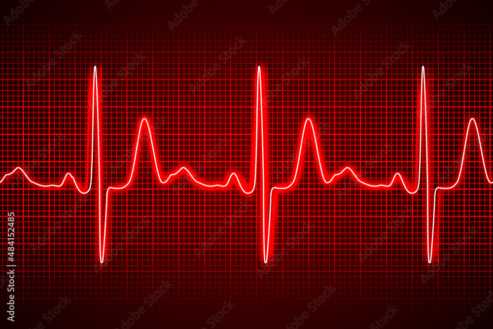 Heart beat ecg or ekg seamless neon line on red background ...