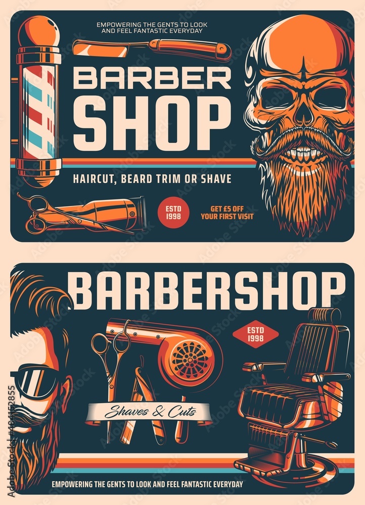 Barbershop retro vector posters, skull with beard and razor blades ...
