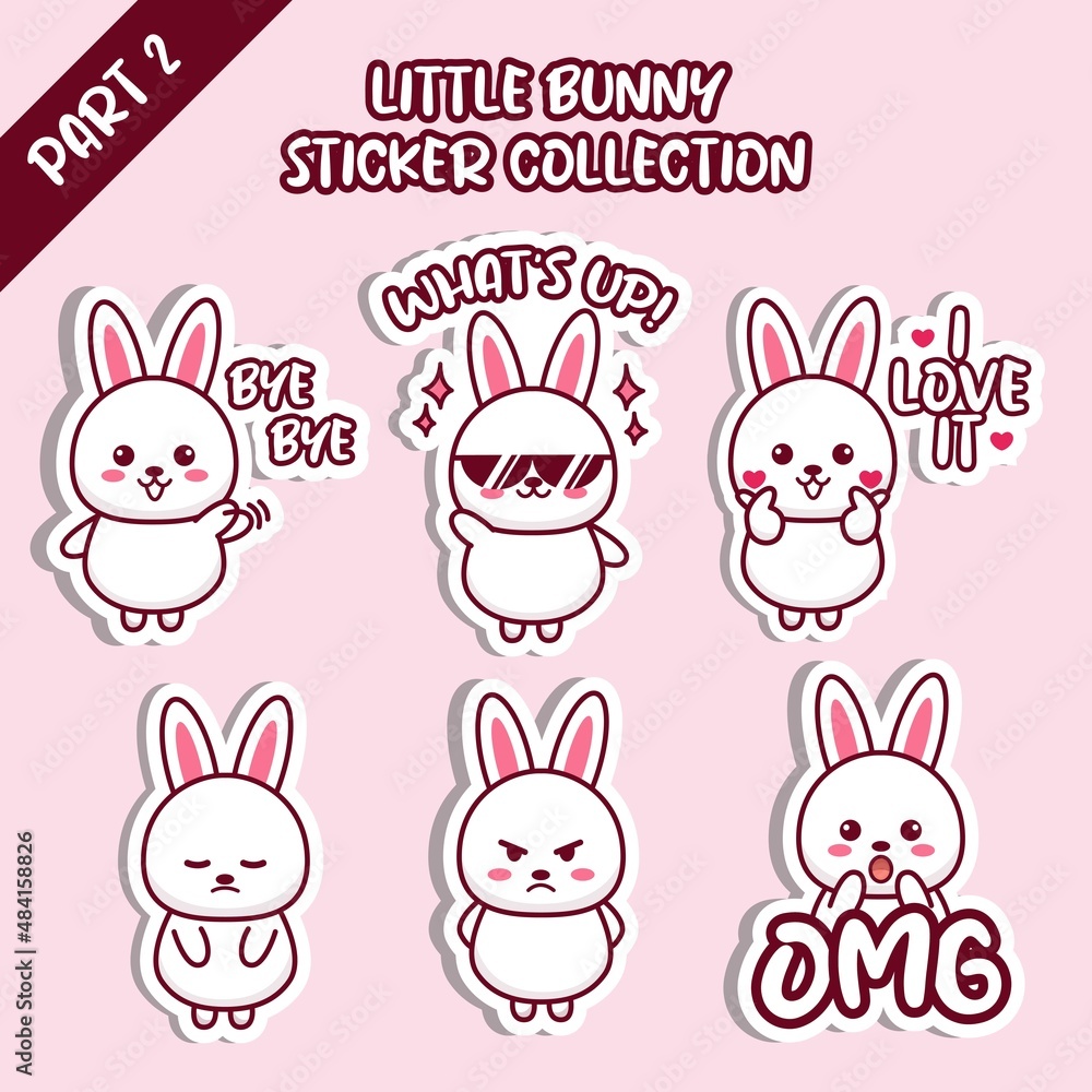 Set of little bunny sticker collection. Kawaii cute cartoon character ...