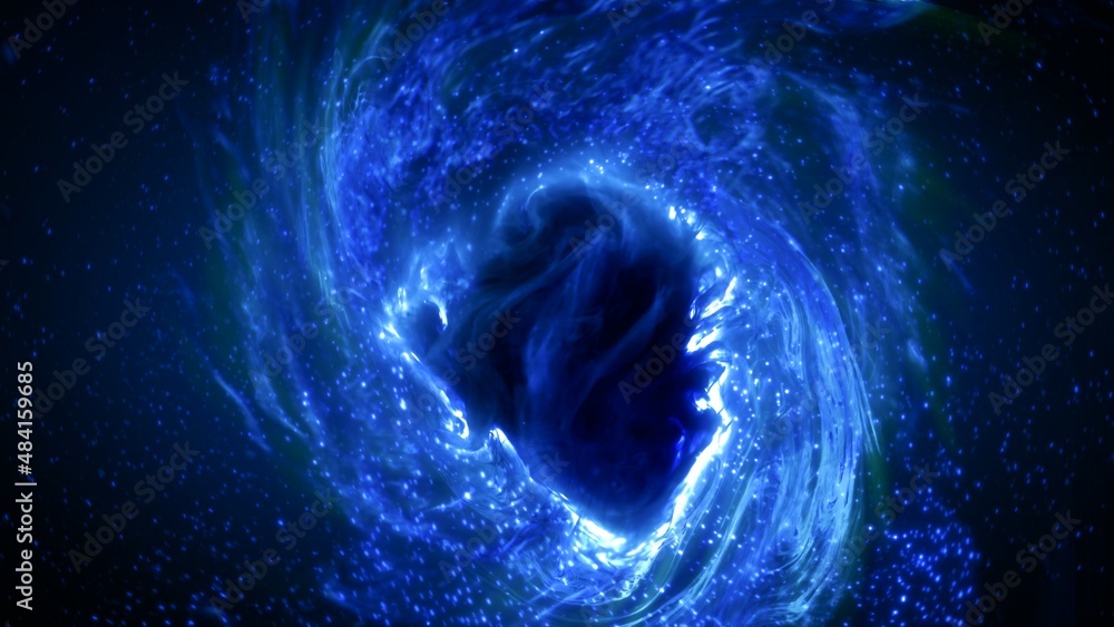 Abstract blue glowing particle swarm around a dark cloudy nucleus swirl ...