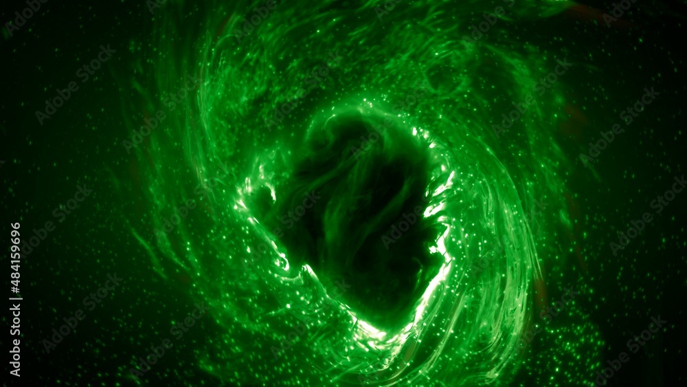 Abstract green fluorescent particle swirl orbiting organic nucleus ...