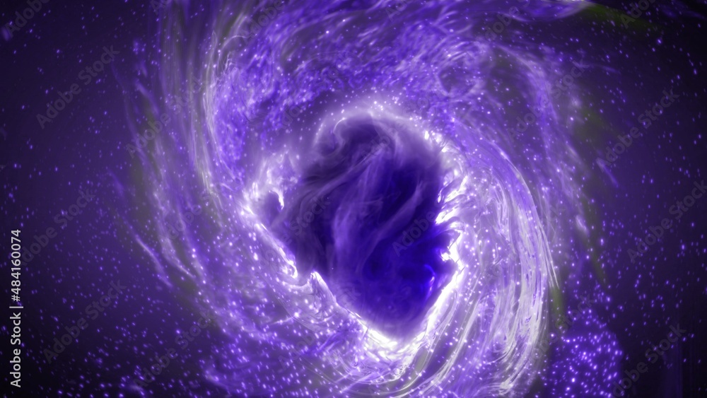 Abstract purple white cosmic illuminated particles orbiting a ...