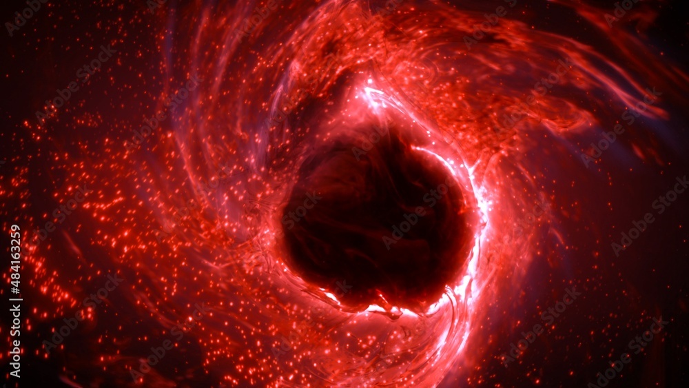 Red glowing particles orbiting hot burning glowing plasma nucleus with ...