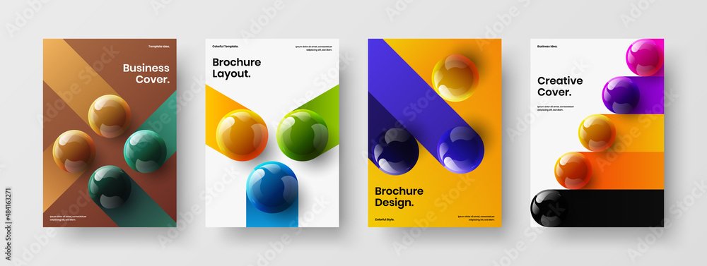 Fresh poster design vector template set. Bright 3D spheres front page ...