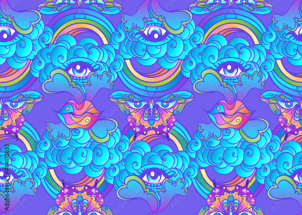 Psychedelic vector seamless pattern: trippy butterflies, all-seeing eye ...