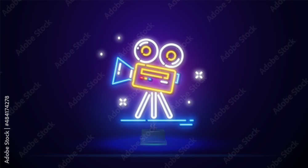 Neon sign of a video camera on a stand. A luminous sign with equipment ...