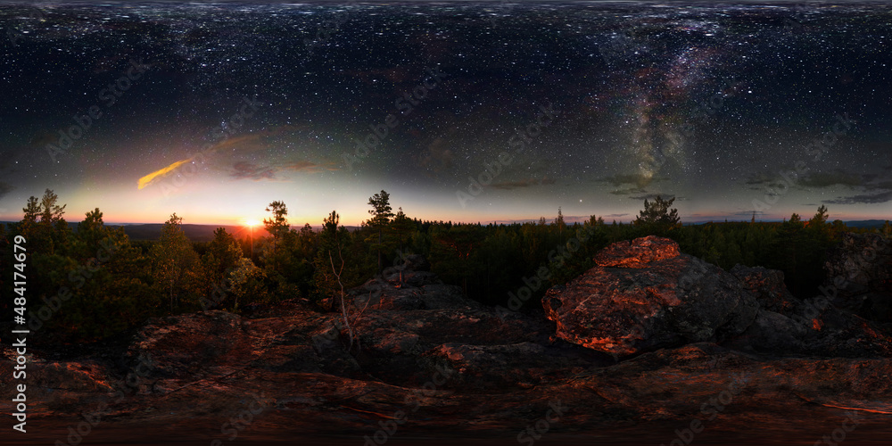 Dawn in the forest under the starry sky a milky way. 360 vr degree ...