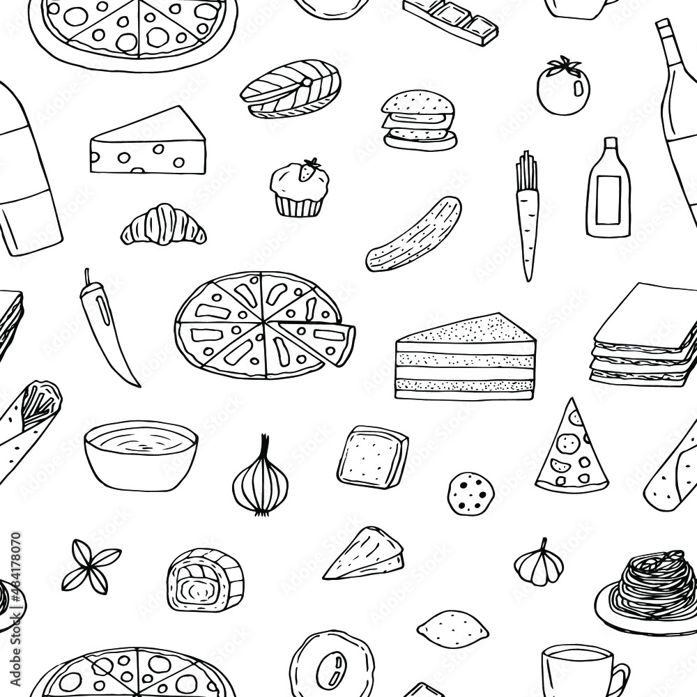 Food seamless pattern vector illustration, hand drawing doodles Stock ...