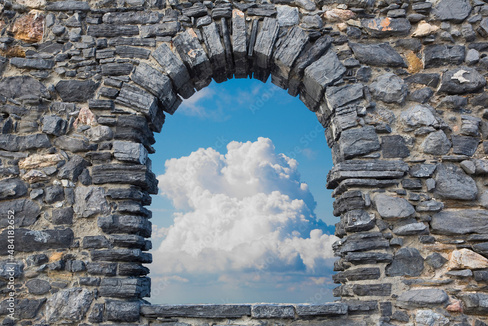 Cloudy sky view from an old stone window - freedom concept image Stock ...