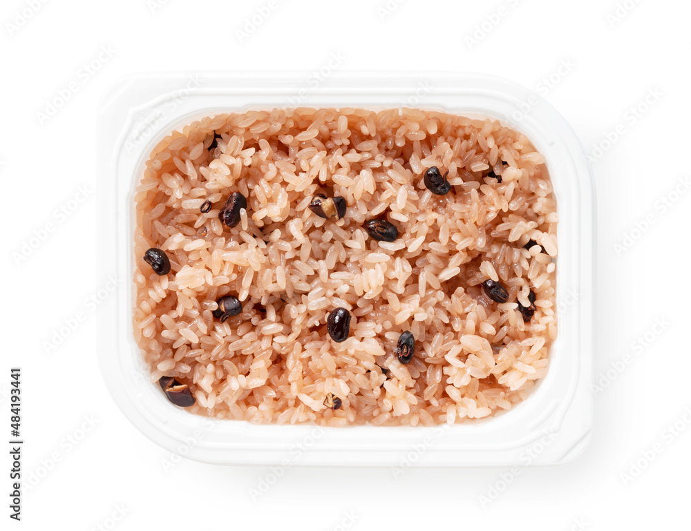 Retort packets of sekihan (red rice) placed on a white background ...