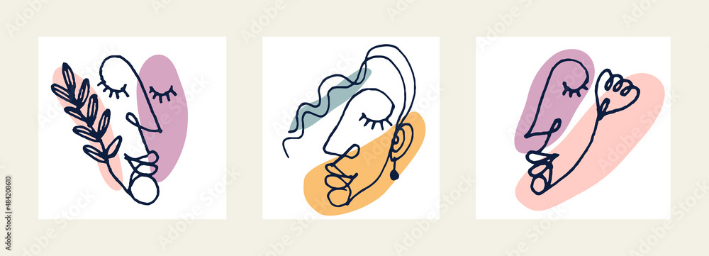 Abstract woman face vector artwork set, modern trendy lady portrait art ...