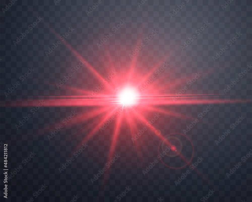 Red sunlight lens flare, sun flash with rays and spotlight. Glowing ...