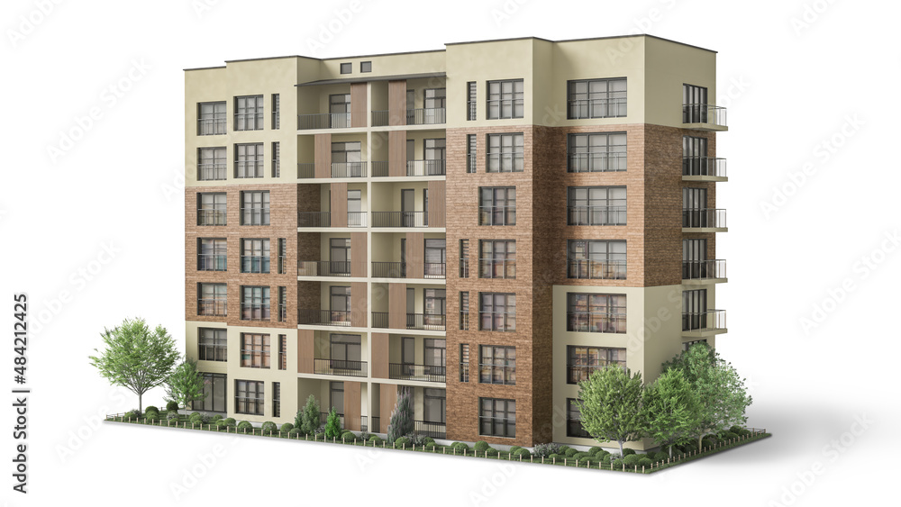 Modern residential building with brown facade at the white background ...