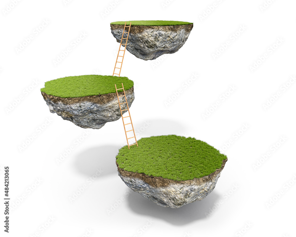 Concept of three small isolated islands of green grass, connected with ...