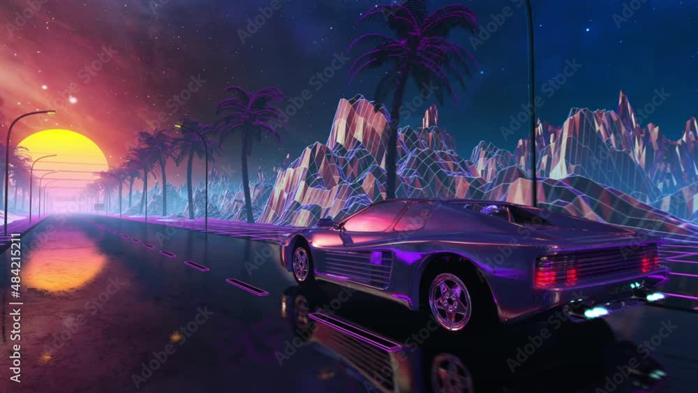 80s retro futuristic drive seamless loop with vintage car. Stylized sci ...