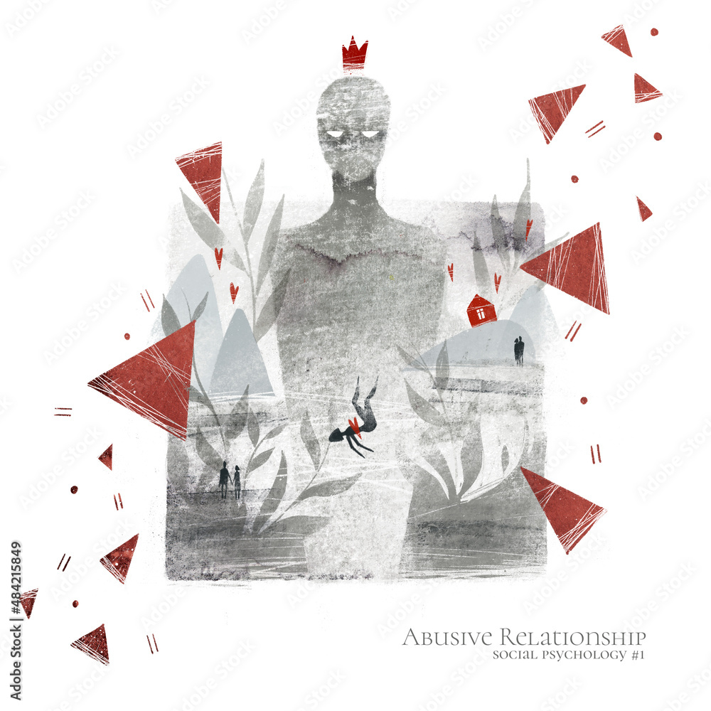 Abusive Relationship Concept art. A suffering woman falling down. Grey ...