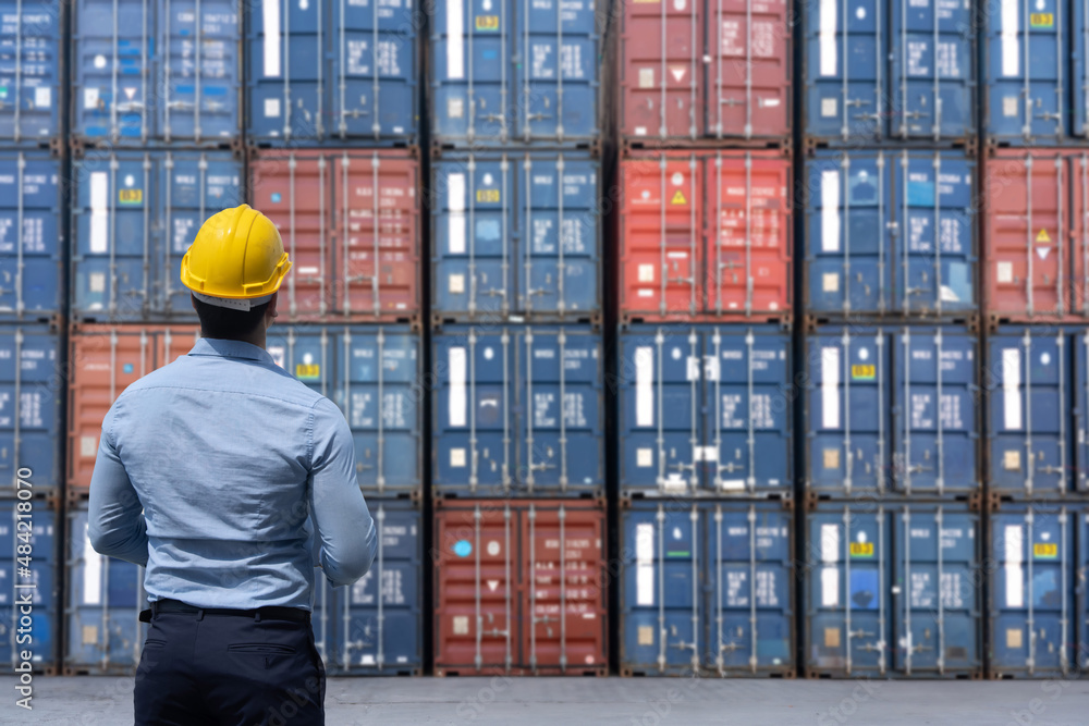 Back View of Caucasian Cargo Container Site Manager Against Stack of ...