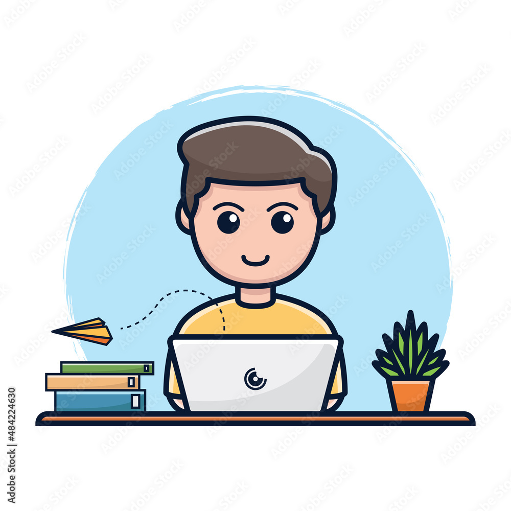 Cute boy working cartoon vector icon illustration logo mascot hand ...