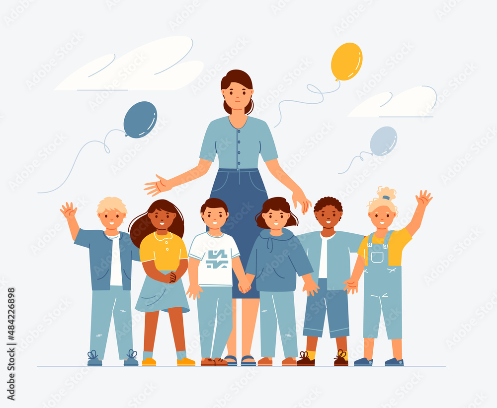 Kindergarten teacher with children standing in row bonding, hold hands ...