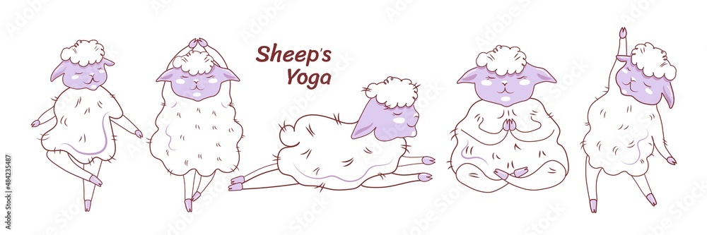 Collection of sheep yoga poses. Cute sheep perform tree, triangle, boat ...
