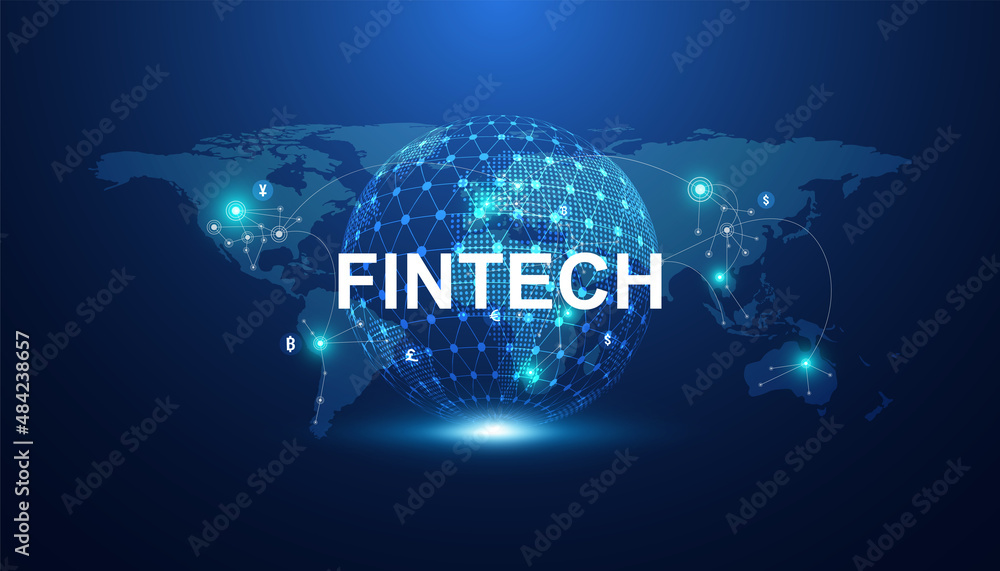 Abstract fintech consists of financial technology, cryptocurrency ...