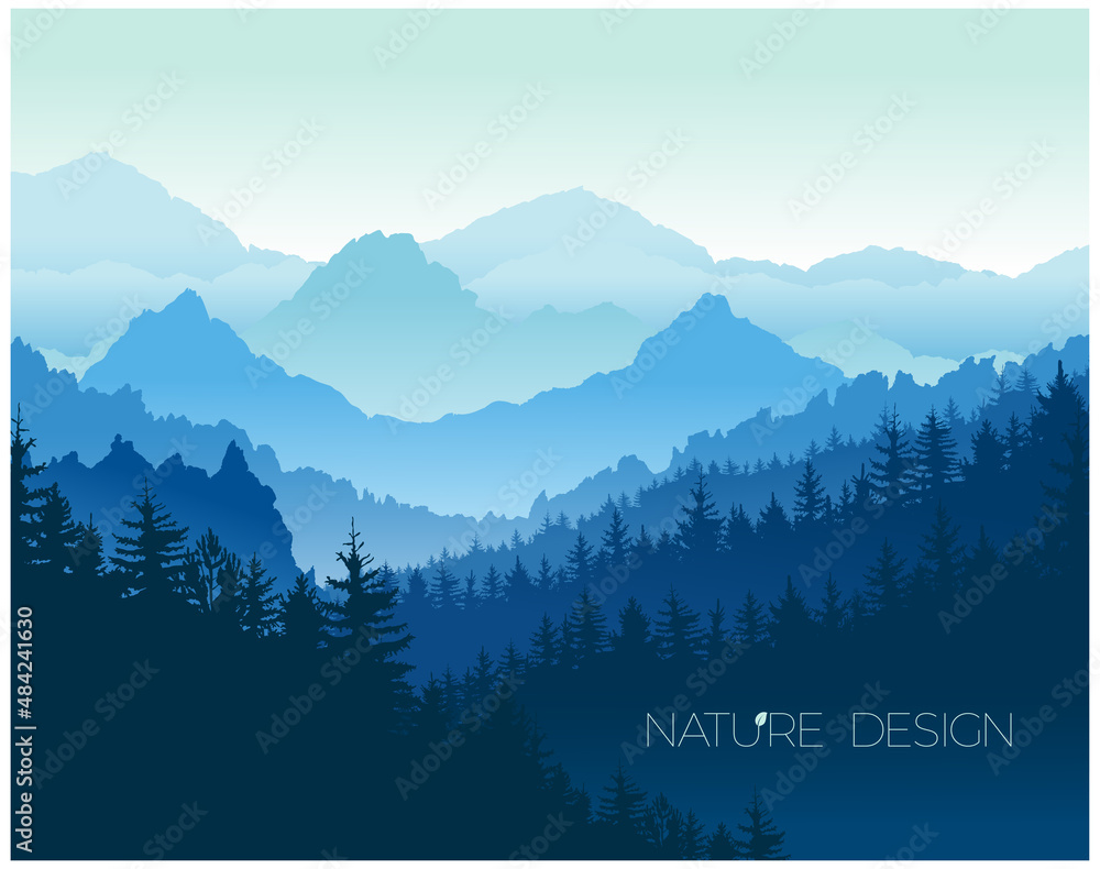 Vector mountain landscape with forest. Banner with mountain composition ...