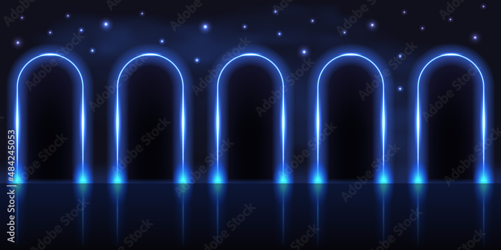 Neon glowing gate portal, stage podium with arch gates, dark blue night ...