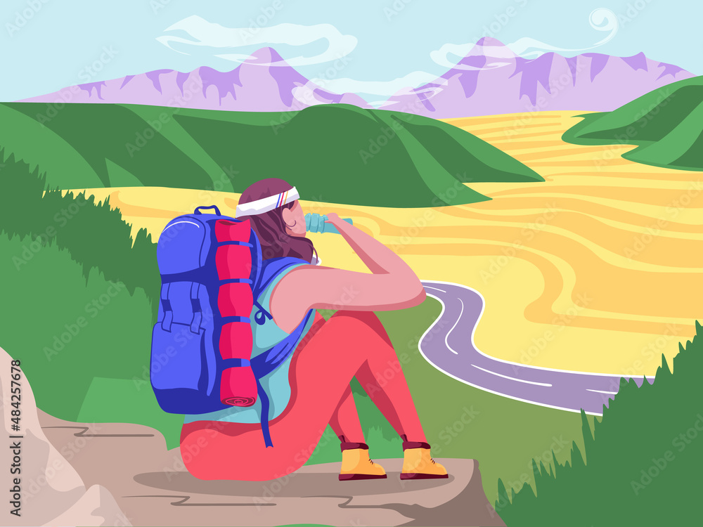 Girl climbed on a rock, sitting, drinking water and exploring nature ...