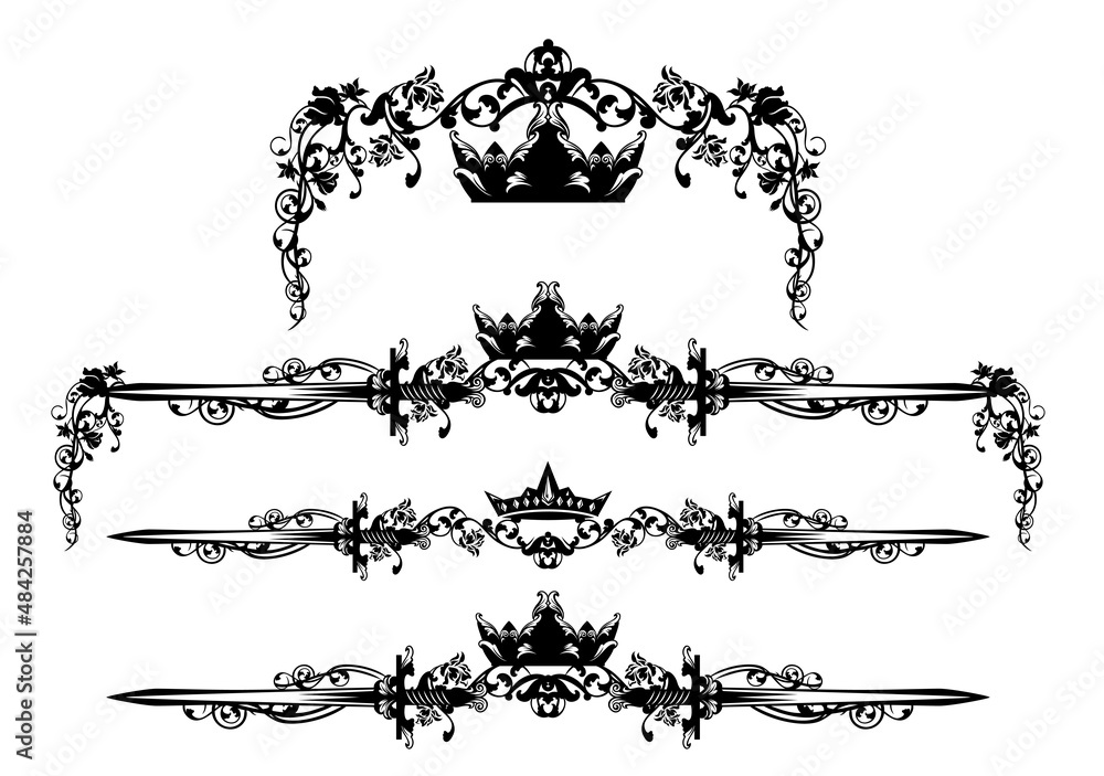 fairy tale royal crown, knight sword and rose flowers black and white ...