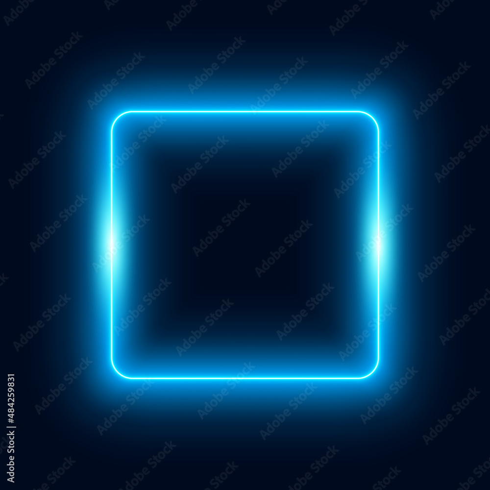 Neon blue square frame on dark background, vibrant glowing sign, vector ...