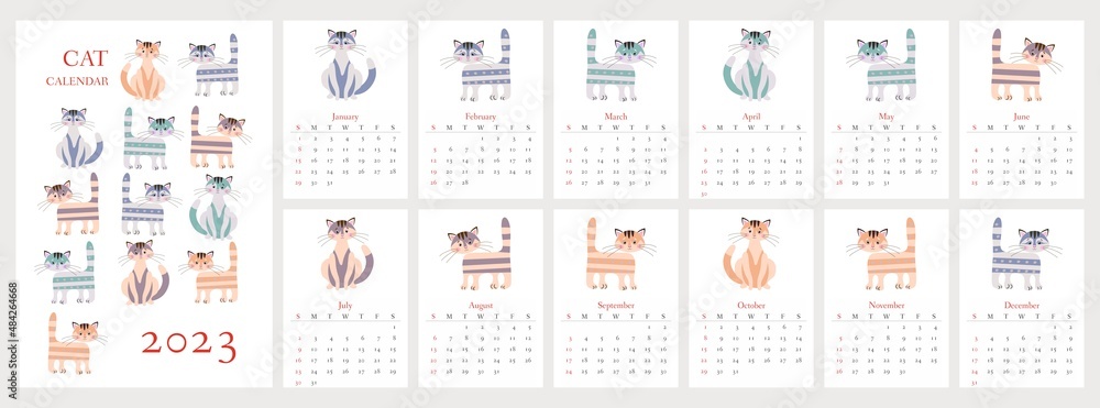 Cute calendar with funny cats for 2023 year. Week starts on sunday ...