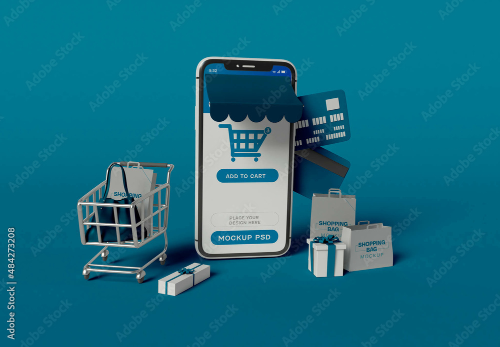 Smartphone with Shopping Cart Mockup Stock Template | Adobe Stock