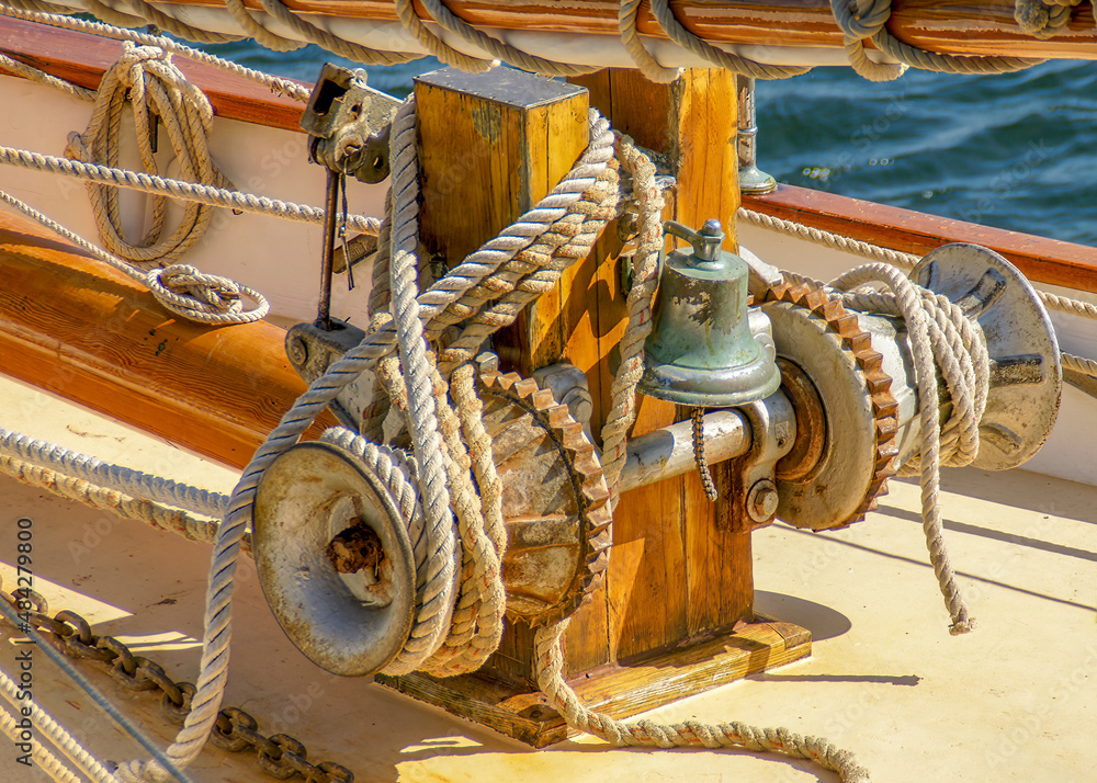 old wooden sailboat standing rigging and ropes Stock Photo | Adobe Stock
