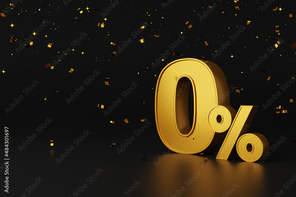 Gold zero percent or 0% special offer and paper shoot confetti on black ...