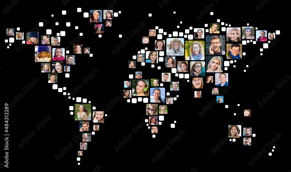 Collection of people portraits placed as world map shape. Global ...