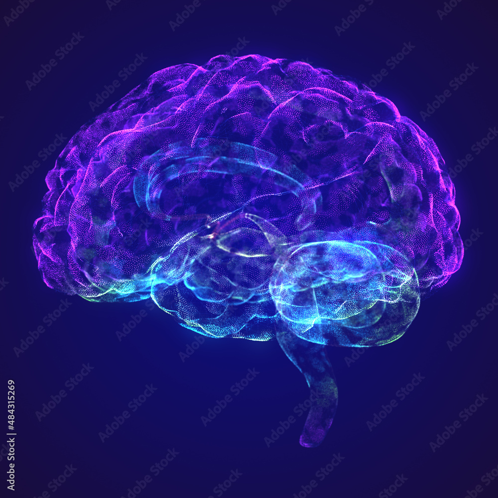 Human brain. Glowing blue light line particles of human brain. 3d ...