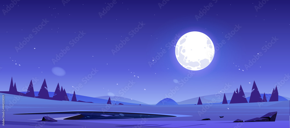 Cartoon night nature landscape full moon shining in sky with stars ...