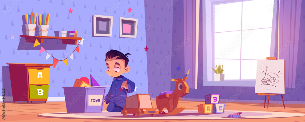 Child playing in room, little boy sit on floor with pencil in hand ...