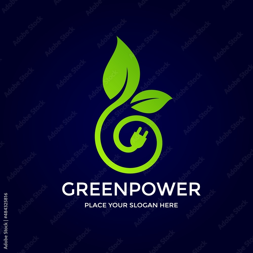 Green power vector logo template. This design use leaves and plug ...