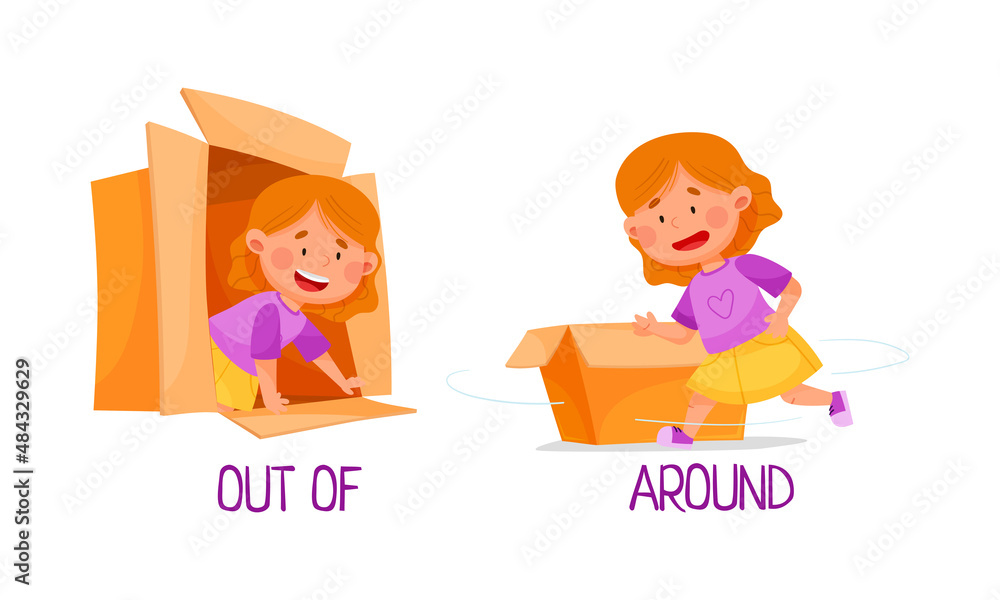 Preposition of place with girl standing out of and around the box ...