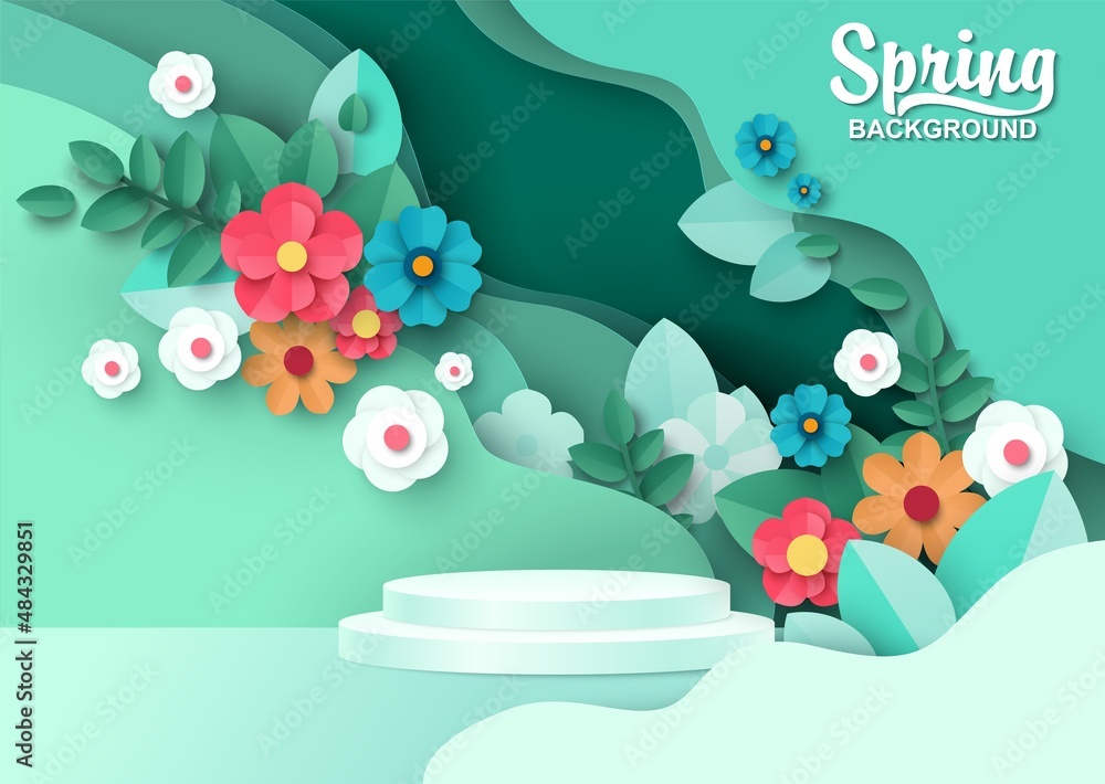 Product display podium mockup, paper cut flowers and leaves. Spring ...