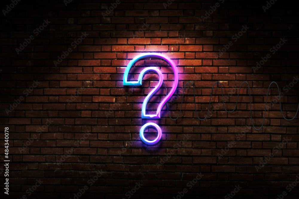 Question mark neon light design on brick wall Stock Illustration ...