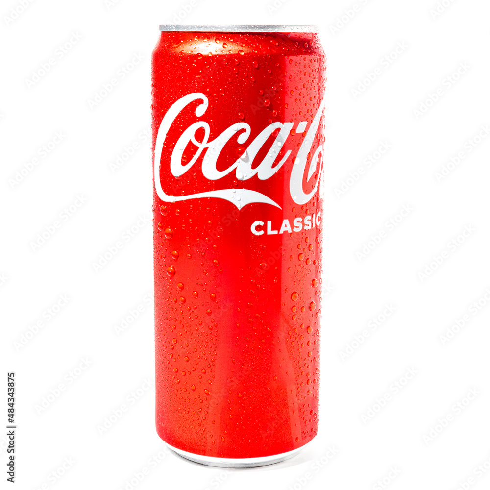 Red cold can of Coca-Cola 330ml with water droplets isolated on white ...
