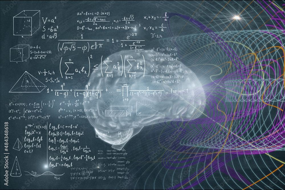 Abstract brain background with mathematical formulas. Mind concept. 3D ...