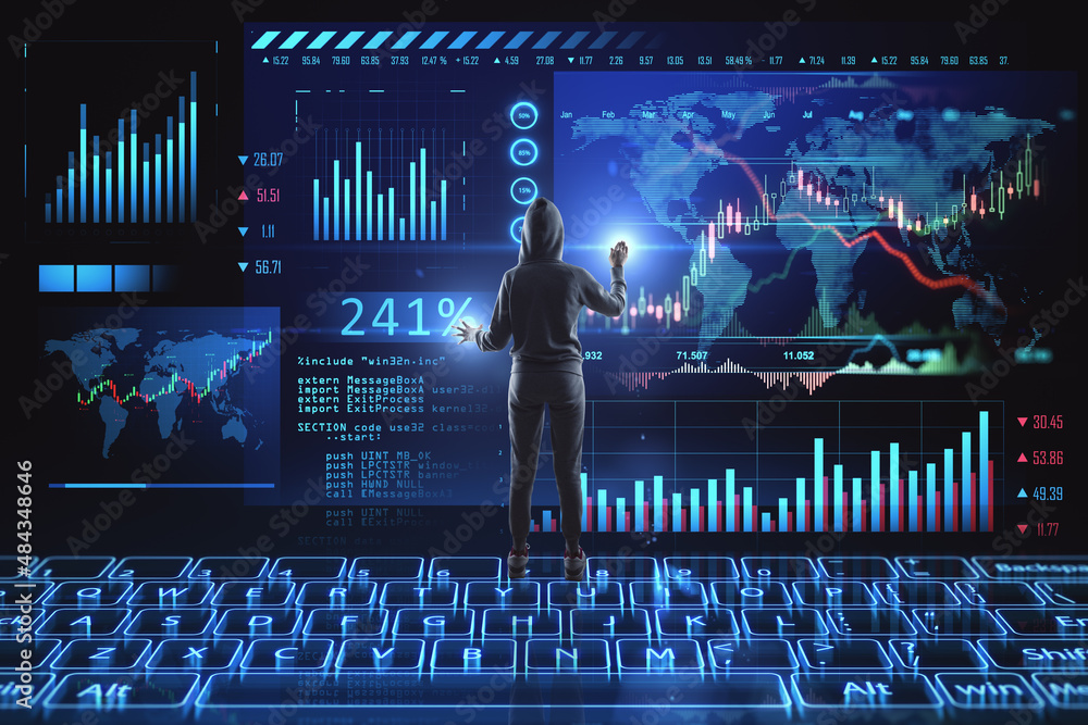 Back View Of Hacker Using Abstract Image Of Glowing Digital Keyboard With Map And Forex Chart On