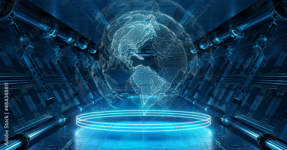 Blue spaceship interior with glowing world map. Futuristic corridor in ...