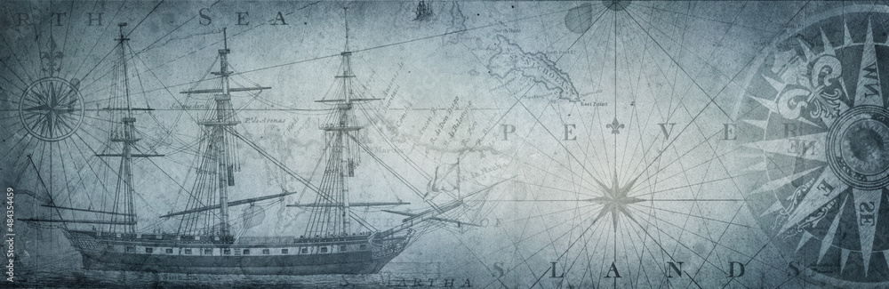 Old sailboat, compass and ancient map historical background. A concept ...
