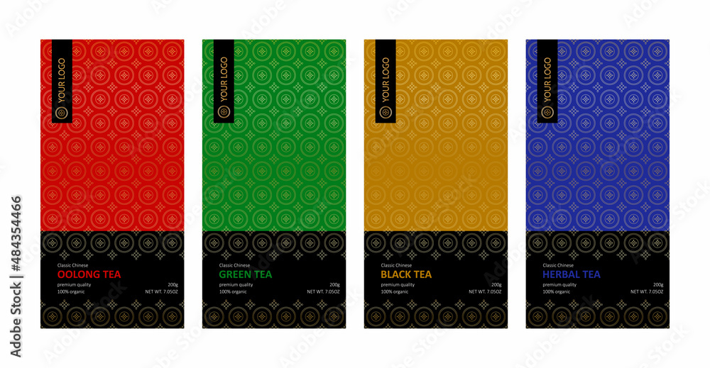 Gold tea package chinese set for decoration design. Green, oolong and ...