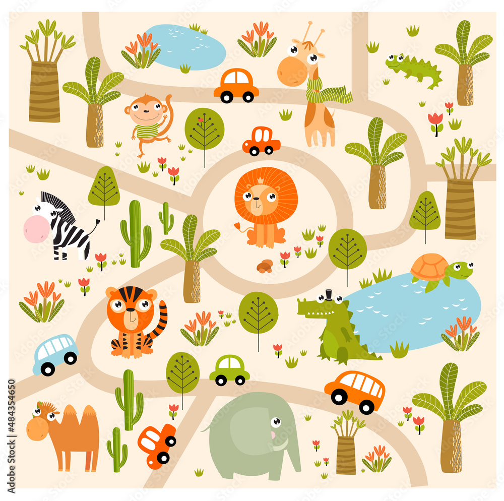 Print. Vector tropical maze with animals in safari park. Cartoon ...